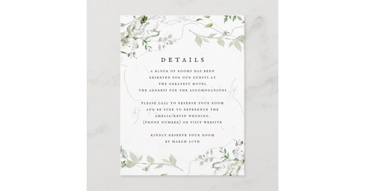 Elegant Earthy Greenery Details Accommodations Enclosure Card | Zazzle