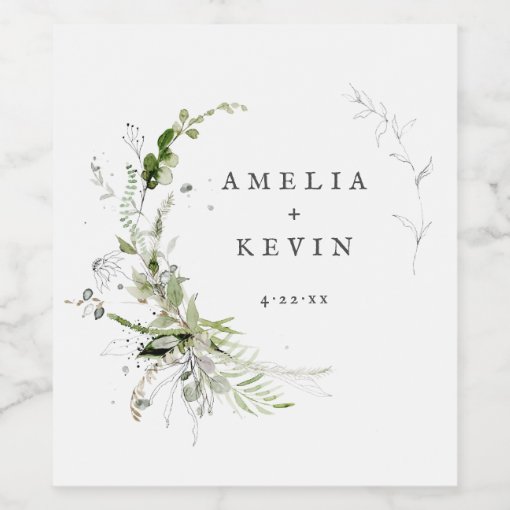 Elegant Earthy Greenery Personalized Names Wine Label | Zazzle