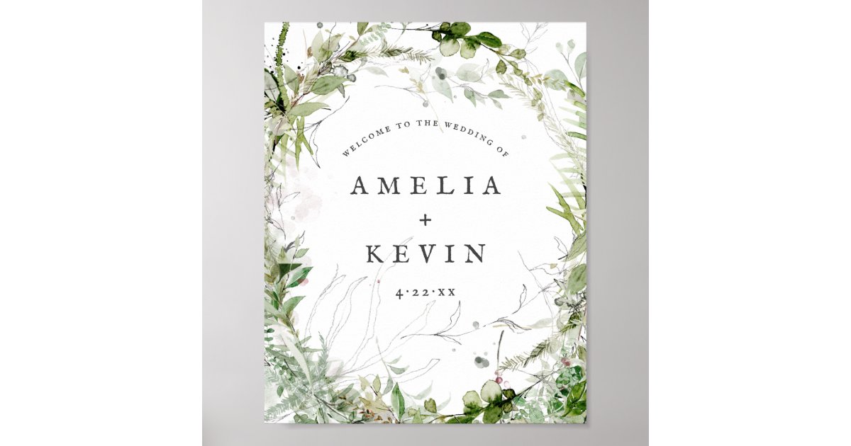 Elegant Earthy Greenery Watercolor Names Wedding Poster | Zazzle