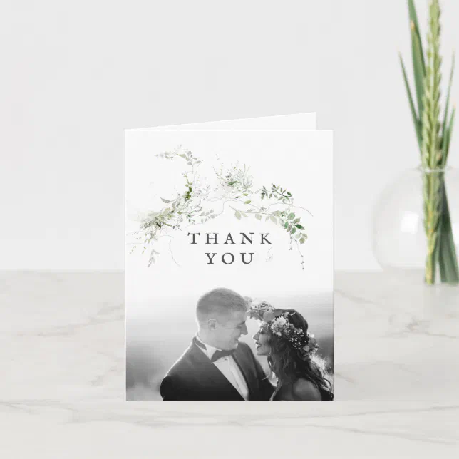Elegant Earthy Greenery Watercolor Wedding Photo Thank You Card | Zazzle