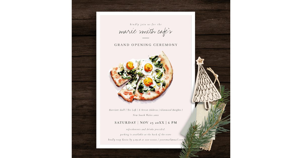 Elegant Egg Basil Pizza Café Grand Opening Invite | Zazzle