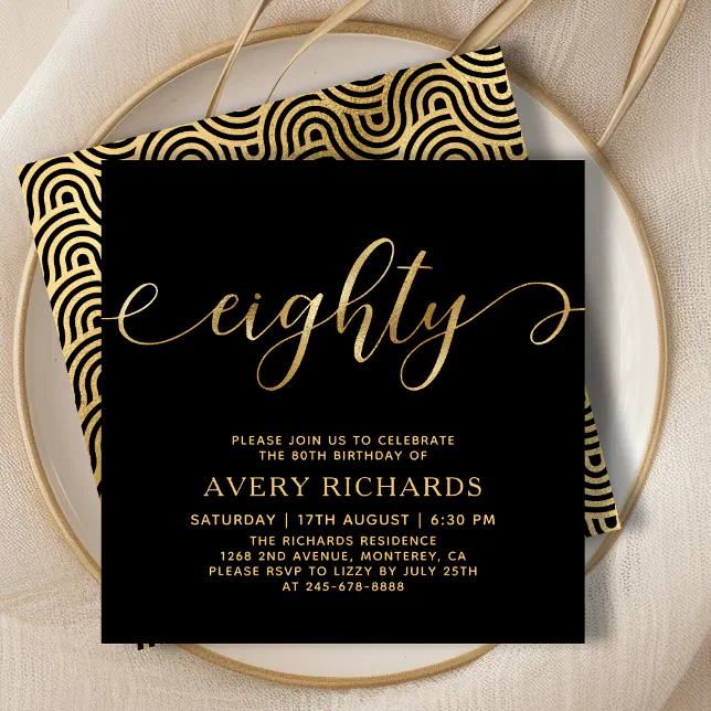 Elegant Eighty Gold Script Black 80th Birthday Invitation | Zazzle