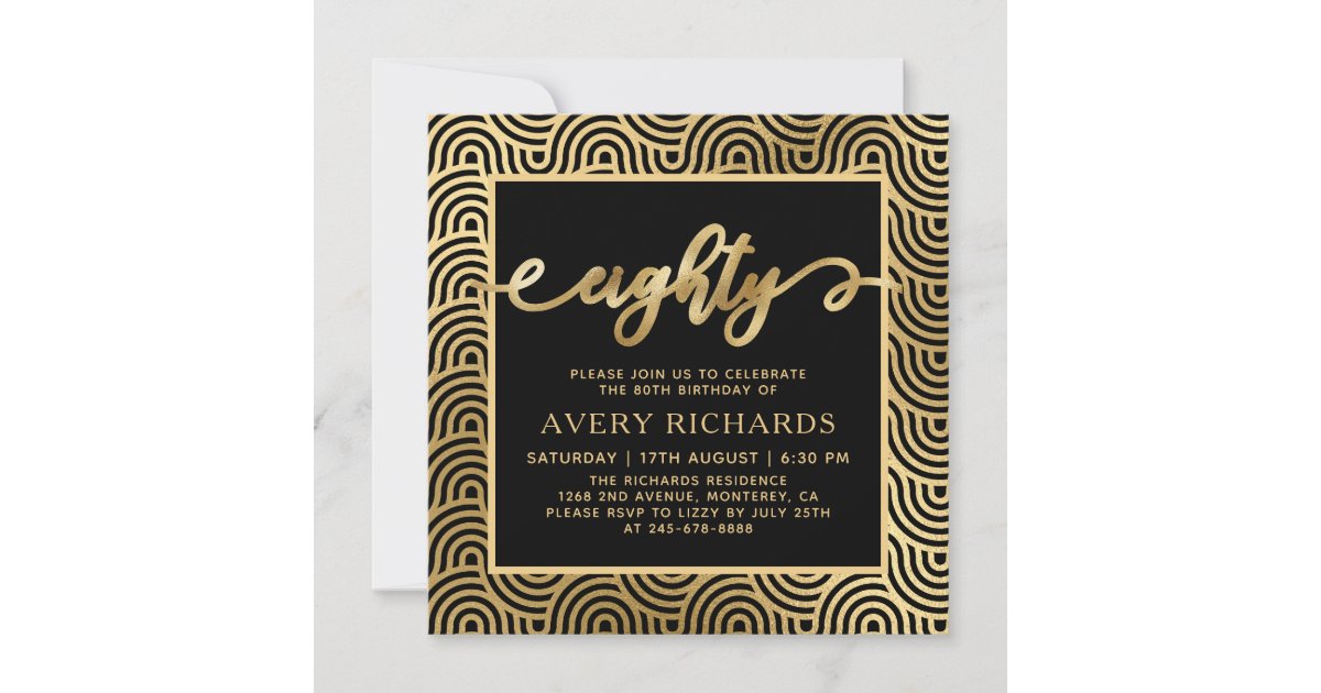 Elegant Eighty Script Black and Gold 80th Birthday Invitation | Zazzle