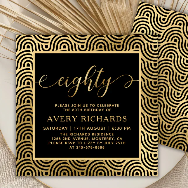 Elegant Eighty Script Black and Gold 80th Birthday Invitation | Zazzle