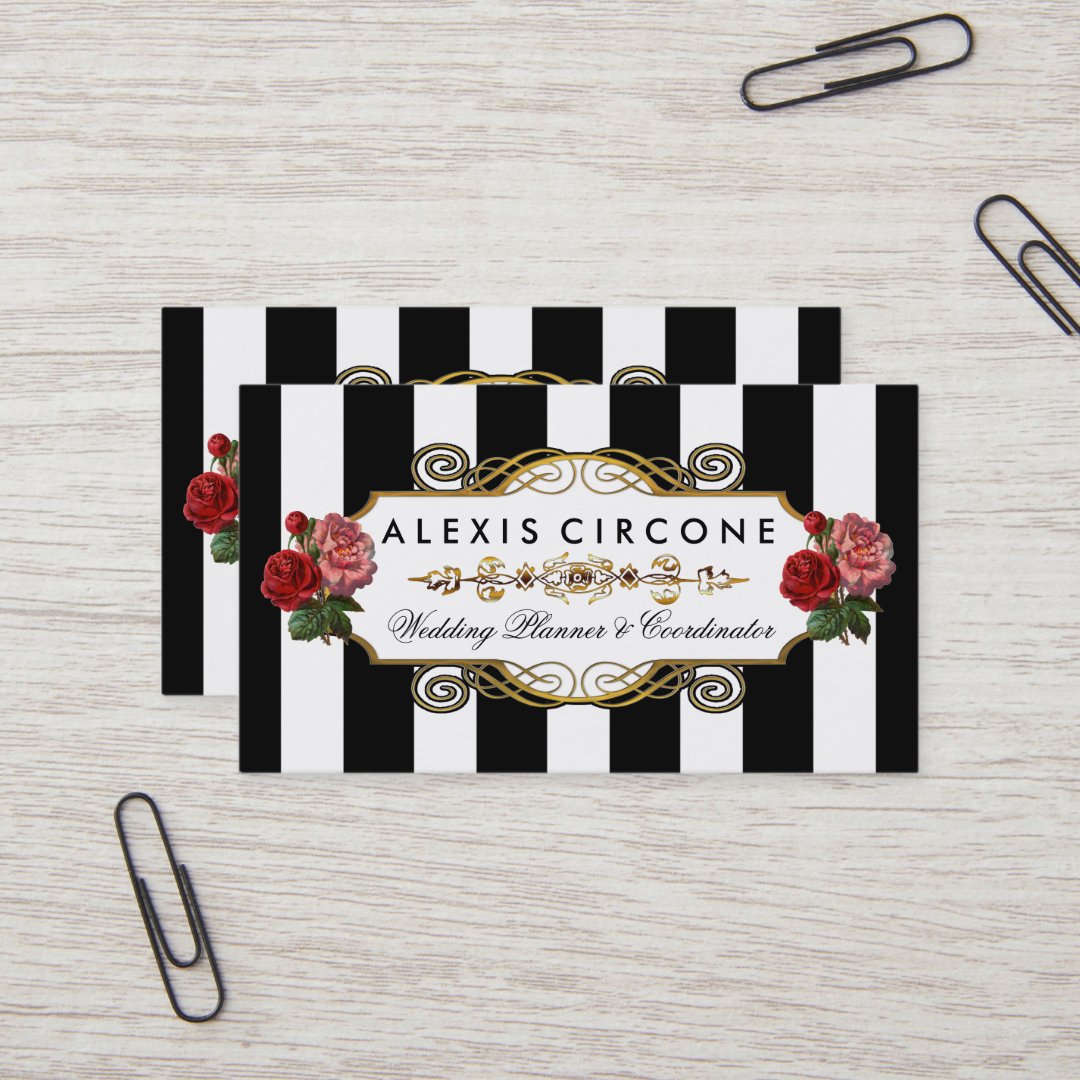 Elegant Elite Stripes |Gold Floral Wedding Planner Business Card | Zazzle