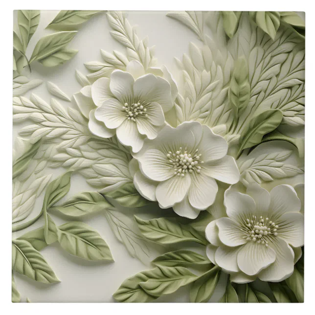 Elegant Embossed 3D Floral Relief Ceramic Tile | Zazzle