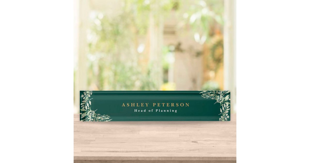 Elegant Emerald Gold Greenery Desk Name Plate | Zazzle