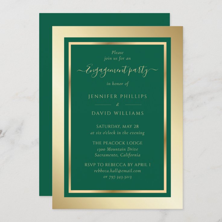 Elegant Emerald Green and Gold Engagement Party Invitation | Zazzle