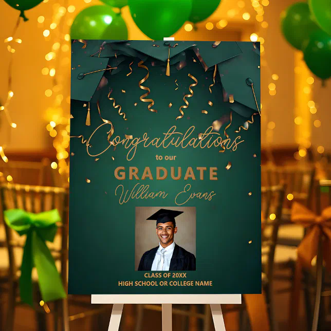 Elegant Emerald Green and Gold Photo Graduation Foam Board | Zazzle