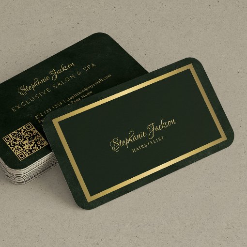 Elegant emerald green and gold QR code luxury Business Card | Zazzle