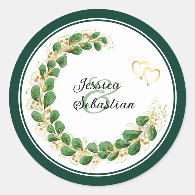 Elegant Emerald Green and Gold Wedding Classic Round Sticker | Zazzle