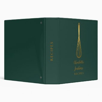 Elegant Emerald Green And Gold Whisk Recipe Script 3 Ring Binder | Zazzle