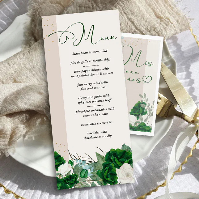 Elegant Emerald Green and Ivory Roses Floral Menu | Zazzle