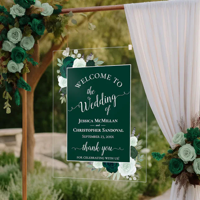Elegant Emerald Green Boho Roses Wedding Welcome Acrylic Sign | Zazzle