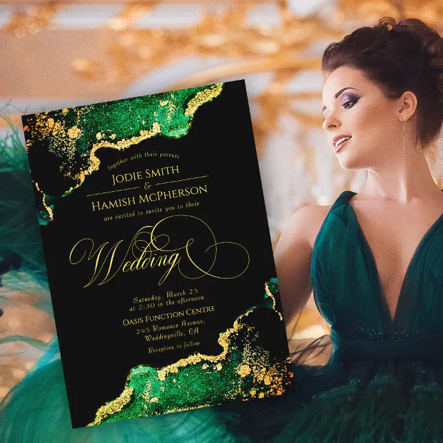 Elegant Emerald Green Bronze Gold Wedding Invitation | Zazzle