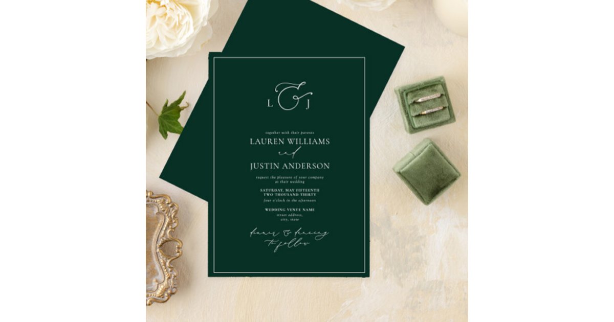 Elegant Emerald Green Calligraphy Monogram Wedding Invitation | Zazzle