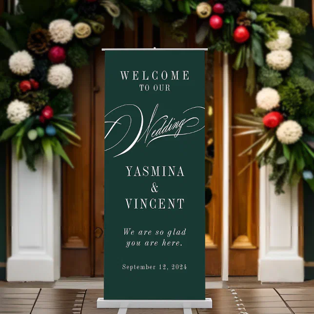 Elegant Emerald Green Calligraphy Wedding Retractable Banner | Zazzle