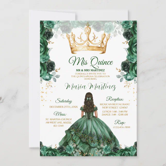 Elegant Emerald Green Floral Gold Crown Mis Quince Invitation | Zazzle