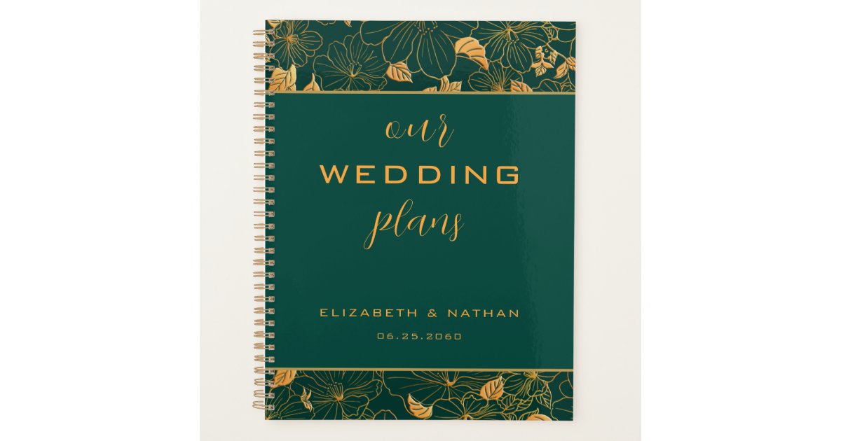 Elegant Emerald Green Gold Floral Pattern Wedding Planner | Zazzle