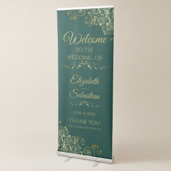 Elegant Emerald Green & Gold Lacy Wedding Welcome Retractable Banner ...