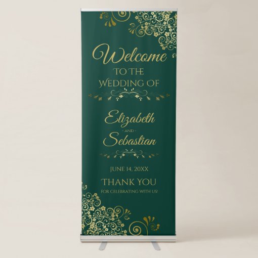 Elegant Emerald Green & Gold Lacy Wedding Welcome Retractable Banner ...