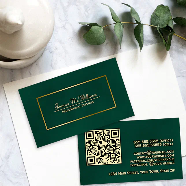 Elegant Emerald Green & Gold Professional QR Code Business Card | Zazzle