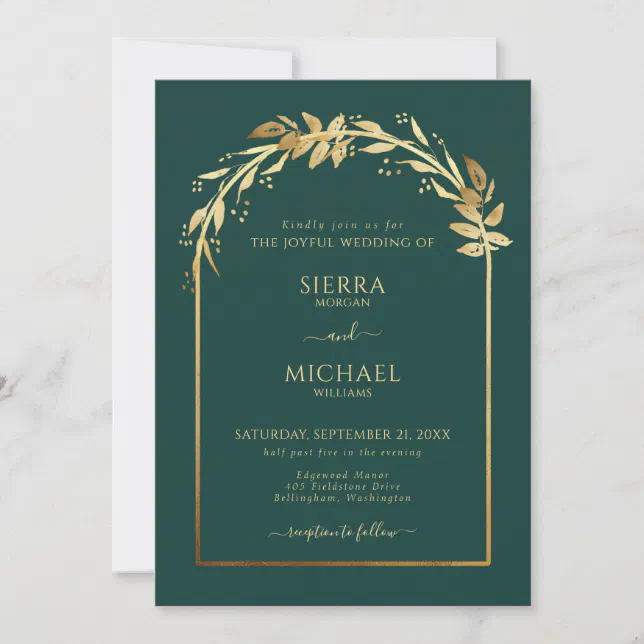 Elegant Emerald Green Golden Foliage Wedding Arch Invitation | Zazzle