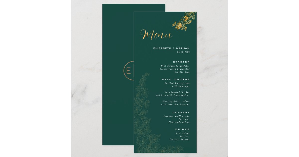 Elegant Emerald Green Golden Foliage Wedding Menu | Zazzle