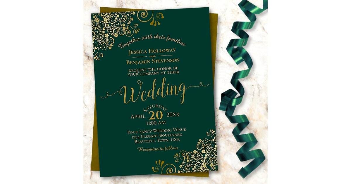 Elegant Emerald Green Golden Frills Wedding Invitation | Zazzle