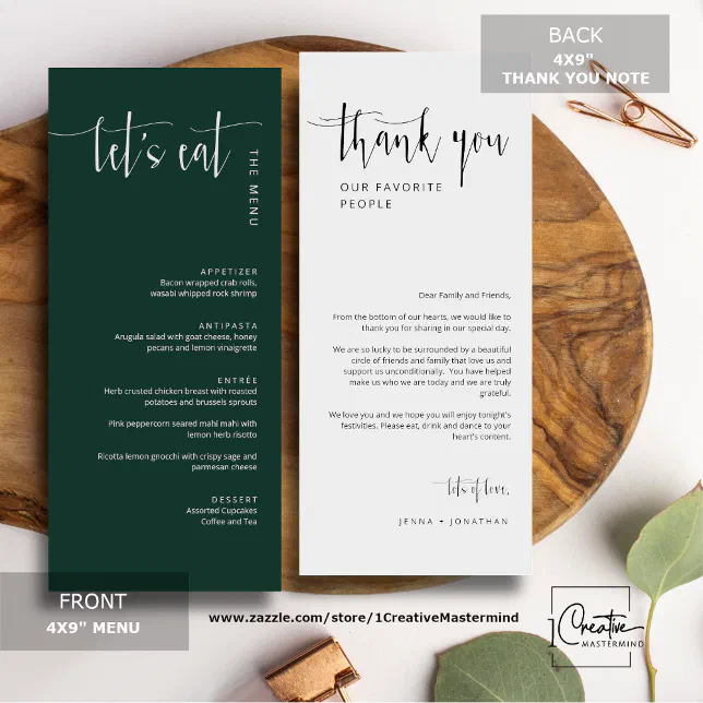 Elegant Emerald Green Modern Let's Eat Dinner Menu | Zazzle