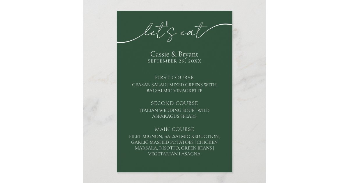 Elegant Emerald Green Modern Script Wedding Menu | Zazzle