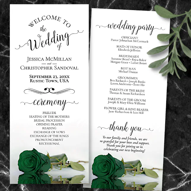 Elegant Emerald Green Rose Romantic Wedding Program | Zazzle