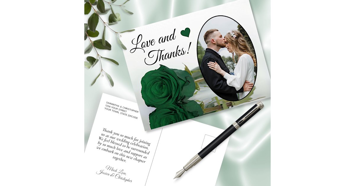 Elegant Emerald Green Rose Wedding Love & Thanks Postcard | Zazzle