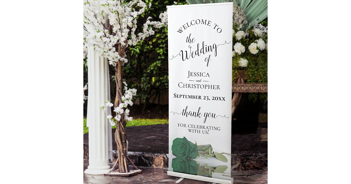 Elegant Emerald Green Rose Wedding Welcome Retractable Banner | Zazzle