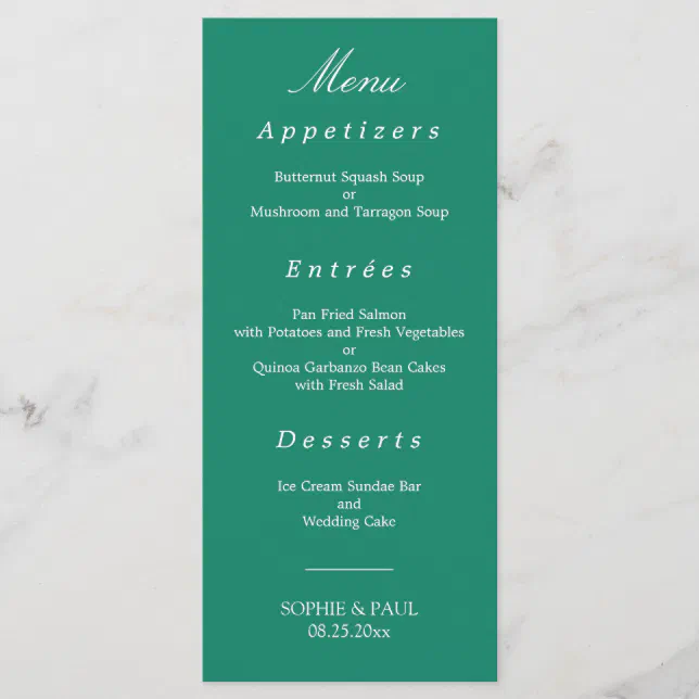 Elegant Emerald Green Wedding Menu | Zazzle