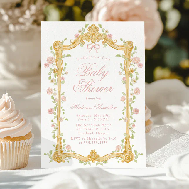 Elegant Enchanted Pink Floral Frame Baby Shower Invitation | Zazzle