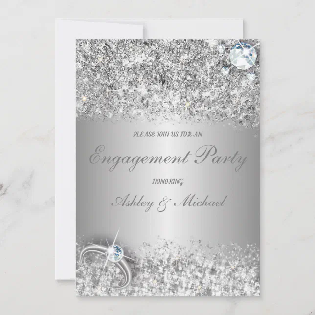 elegant engagement party chic silver glitter invitation | Zazzle