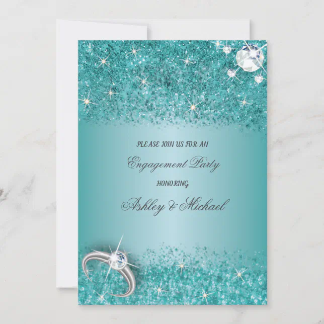 elegant engagement party chic turquoise glitter invitation | Zazzle