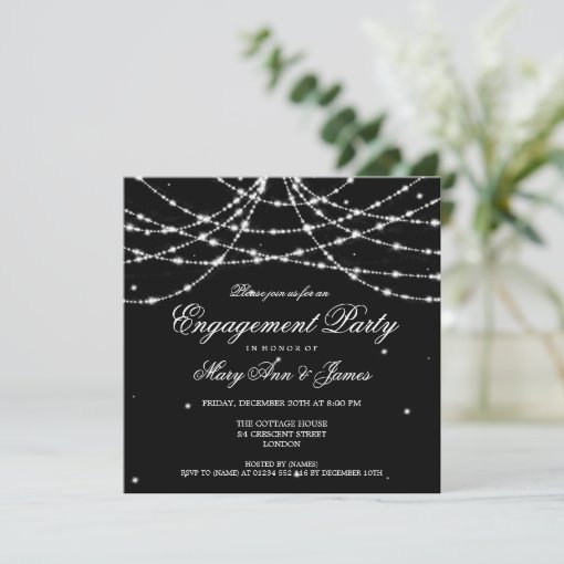Elegant Engagement Party Sparkling String Black Invitation | Zazzle