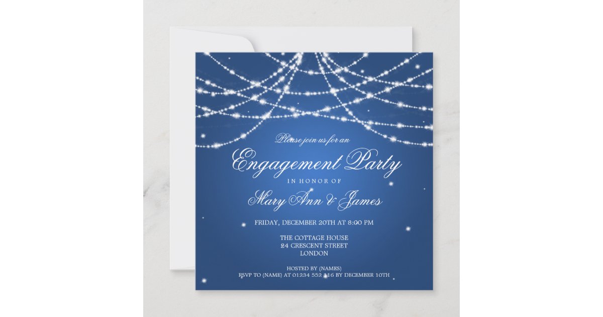 Elegant Engagement Party Sparkling String Blue Invitation | Zazzle