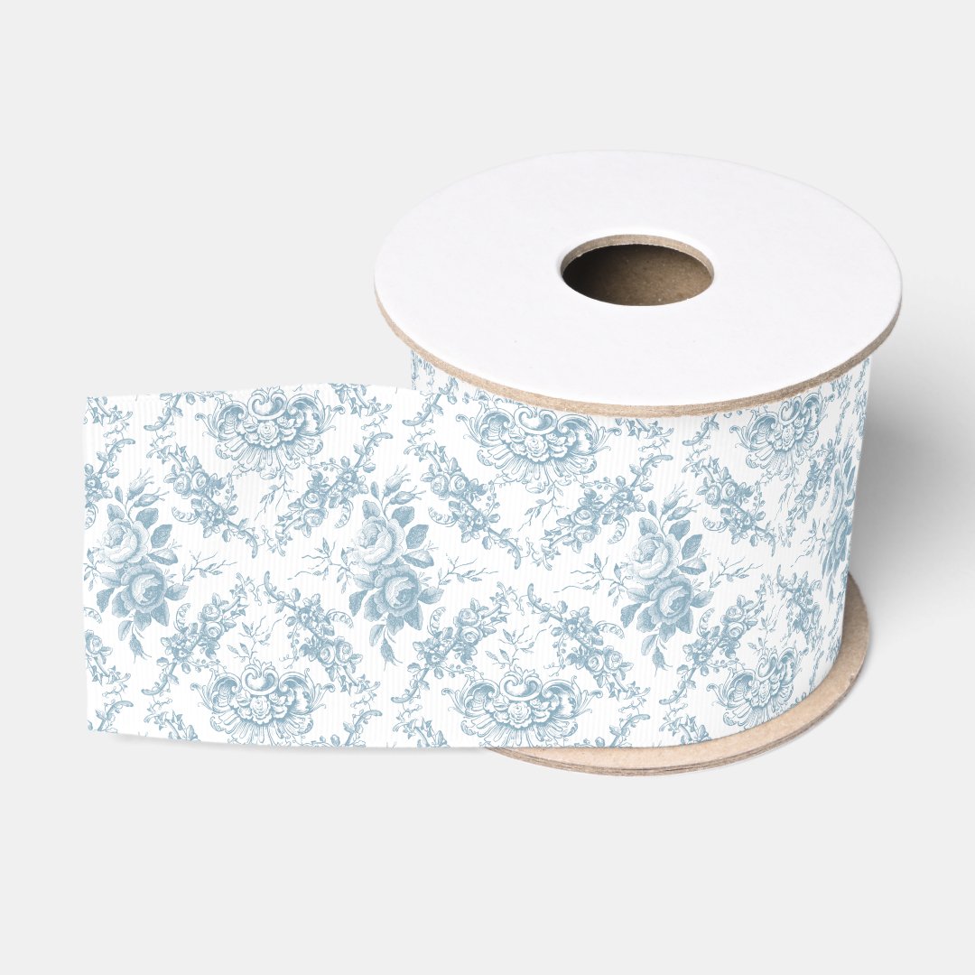 Elegant Engraved Blue and White Floral Toile Grosgrain Ribbon | Zazzle