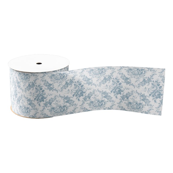 Elegant Engraved Blue and White Floral Toile Grosgrain Ribbon | Zazzle