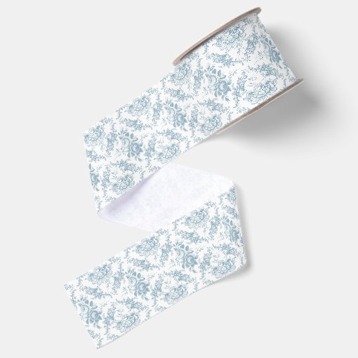 Elegant Engraved Blue and White Floral Toile Grosgrain Ribbon | Zazzle