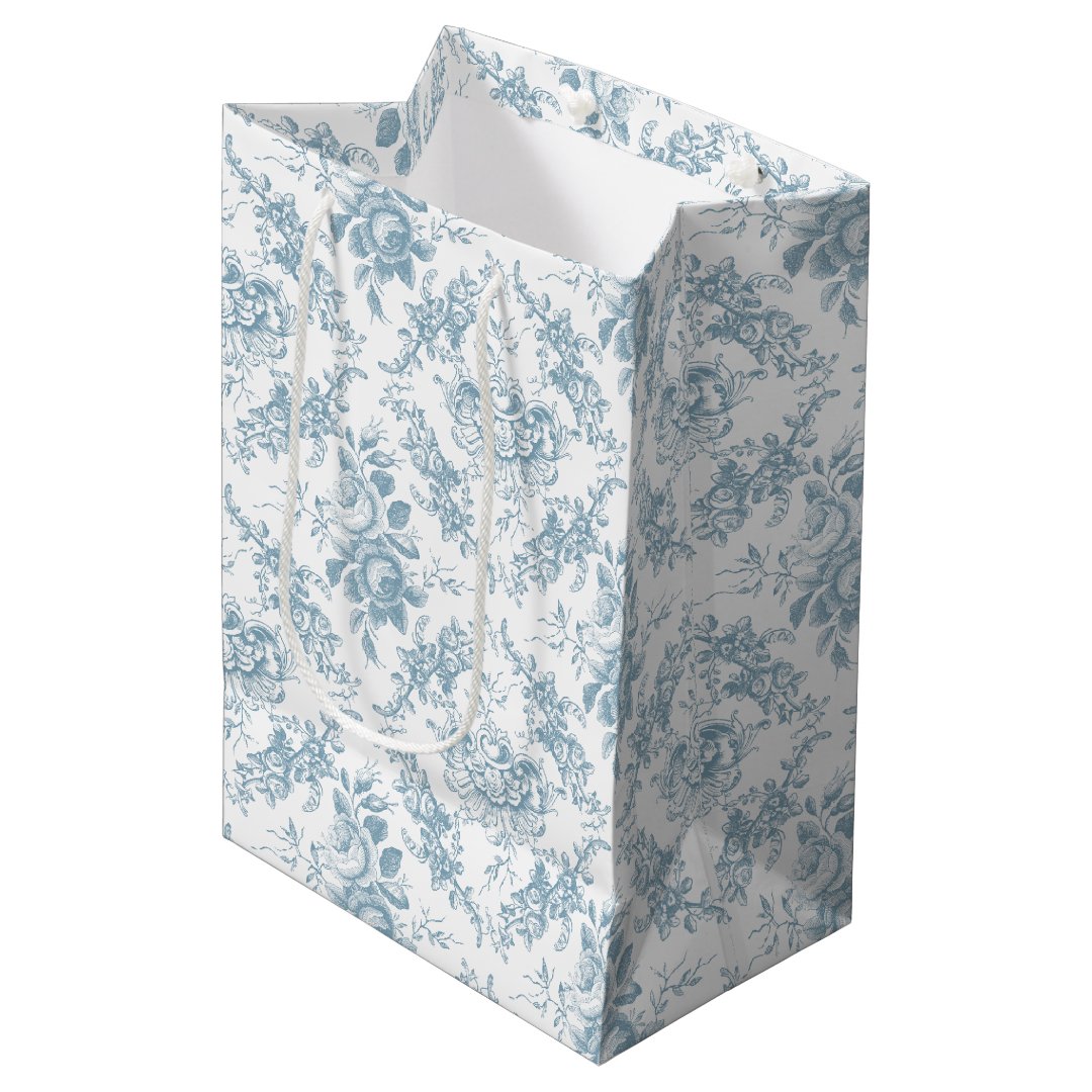 Elegant Engraved Blue and White Floral Toile Medium Gift Bag | Zazzle