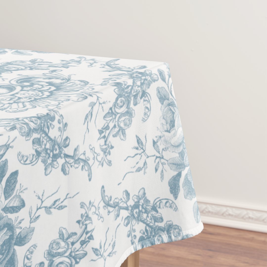 Elegant Engraved Blue and White Floral Toile Tablecloth | Zazzle