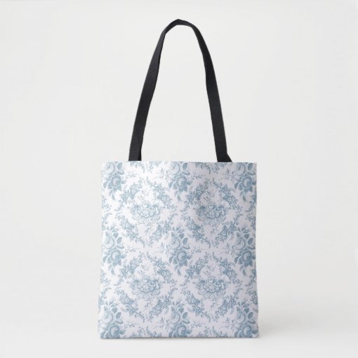 Elegant Engraved Blue and White Floral Toile Tote Bag | Zazzle