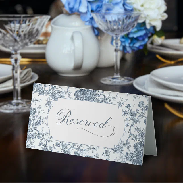 Elegant Engraved French Blue Floral Reserved Table Tent Sign | Zazzle