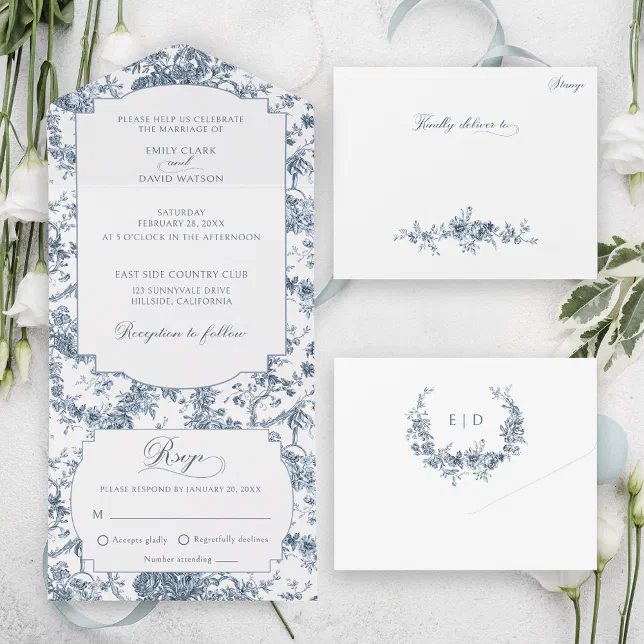 Elegant Engraved French Blue Floral Toile All In One Invitation | Zazzle
