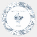 Elegant Engraved French Blue Floral Toile Classic Round Sticker | Zazzle