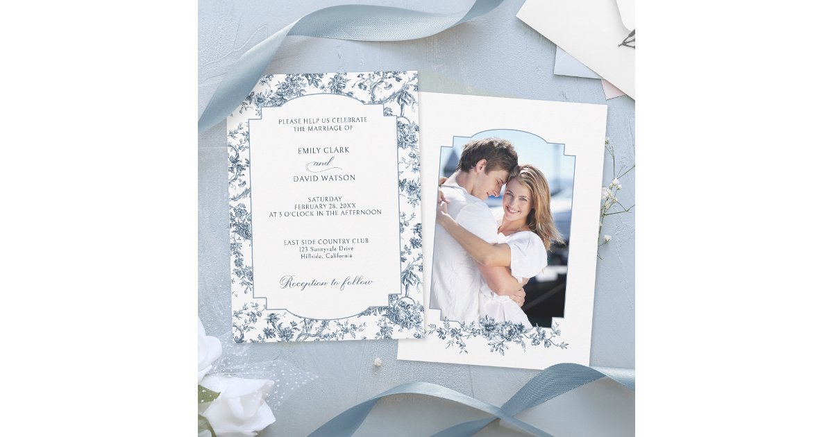 Elegant Engraved French Blue Floral Toile Invitation | Zazzle